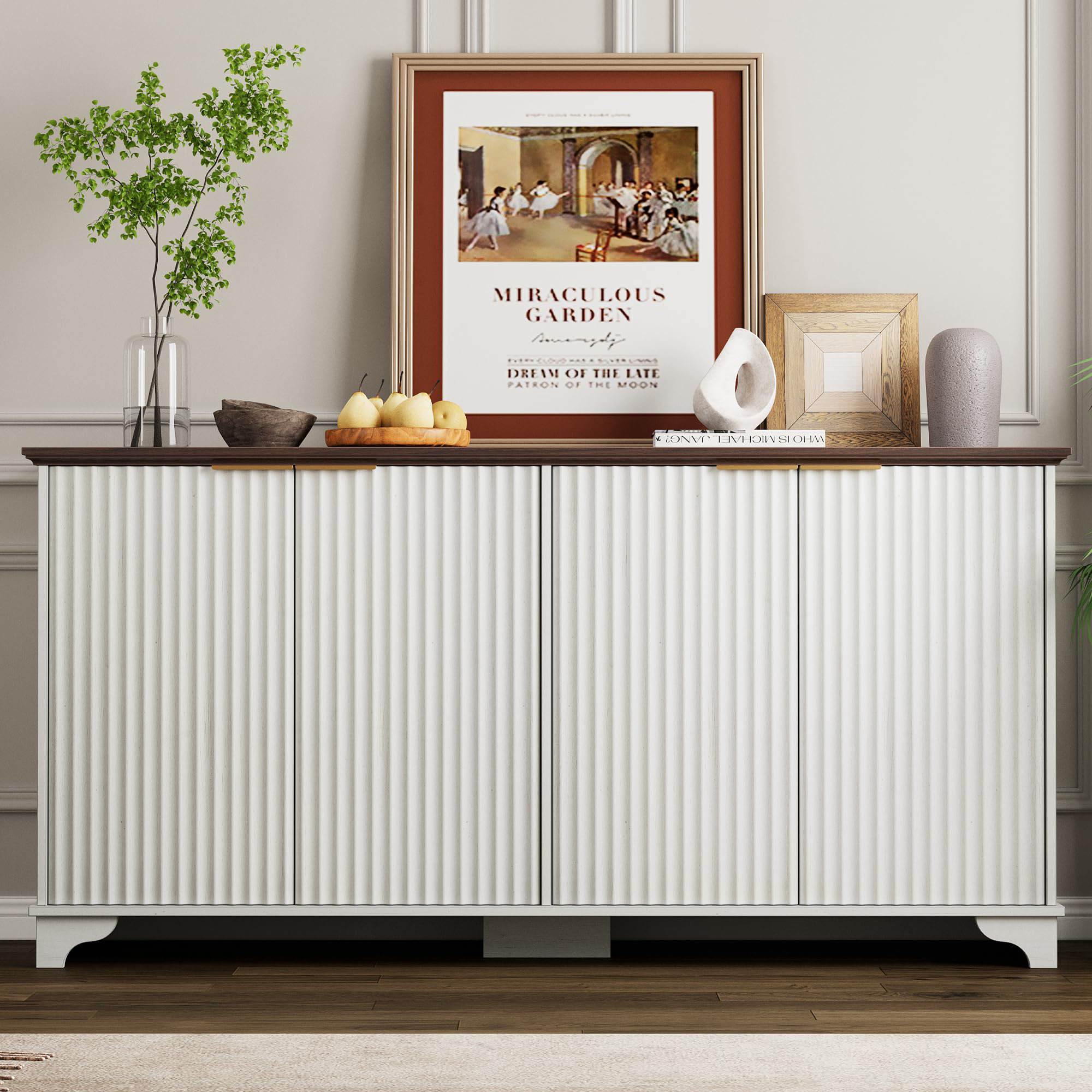 Winston Porter 61" Large Buffet Sideboard Cabinet With 4 Fluted Doors And Storage | Wayfair